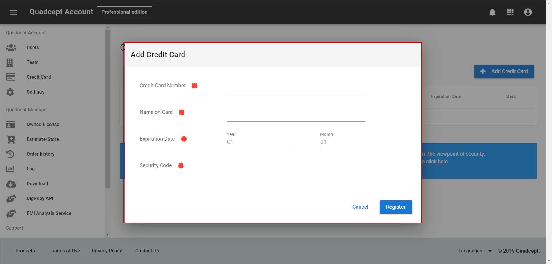 Account/License - Register Credit Card
